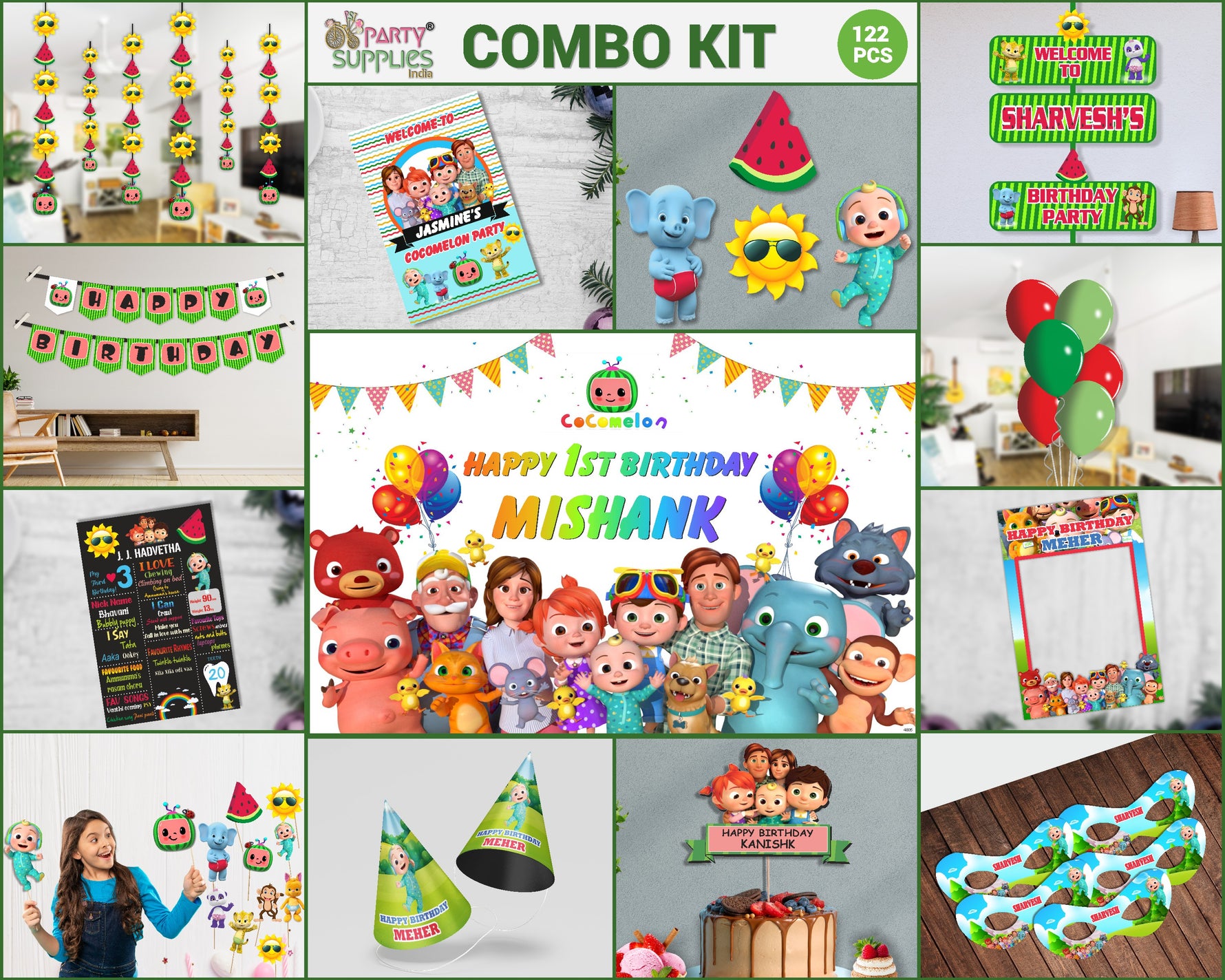 Coco Melon Personalized Boy Theme Combo Kits for Birthdays | Theme Kit ...
